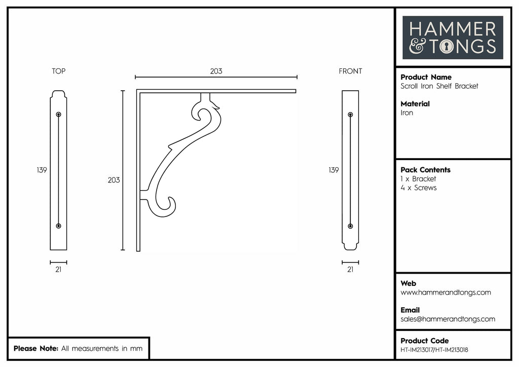205mm Scroll Iron Shelf Bracket - By Hammer & Tongs | Rinkit.com